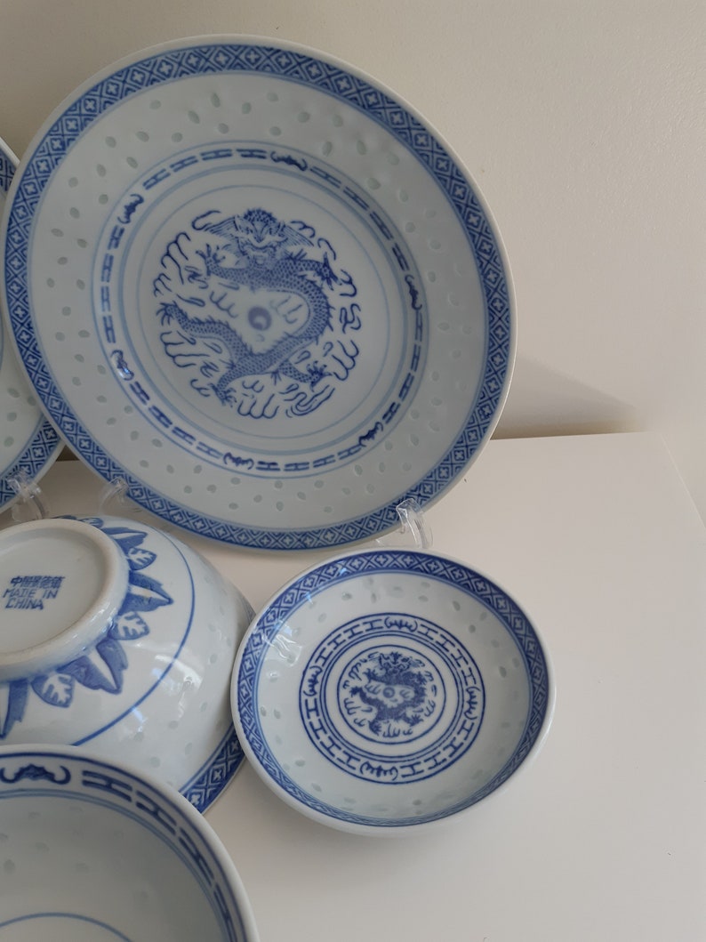 Vintage Chinese Open Carved Rice Grain Porcelain Blue and White Plates ...