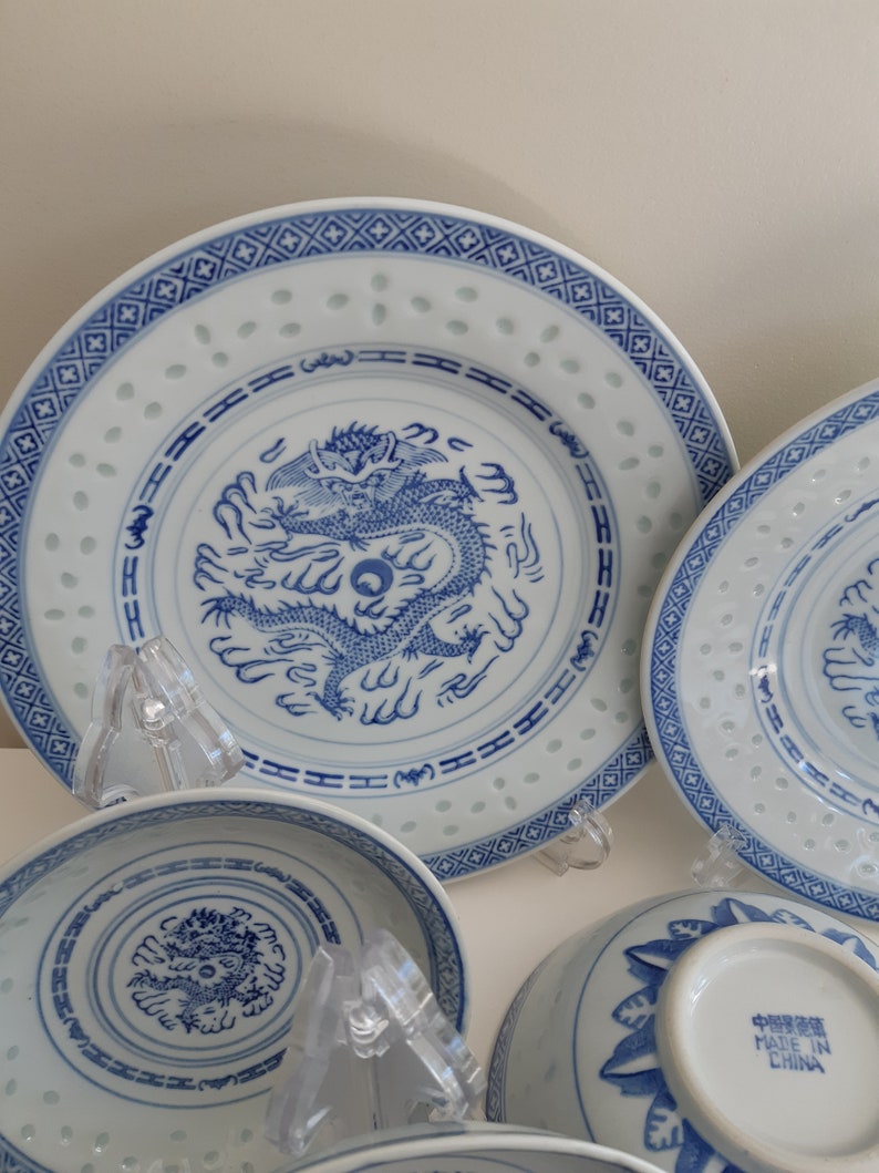Vintage Chinese Open Carved Rice Grain Porcelain Blue and White Plates ...