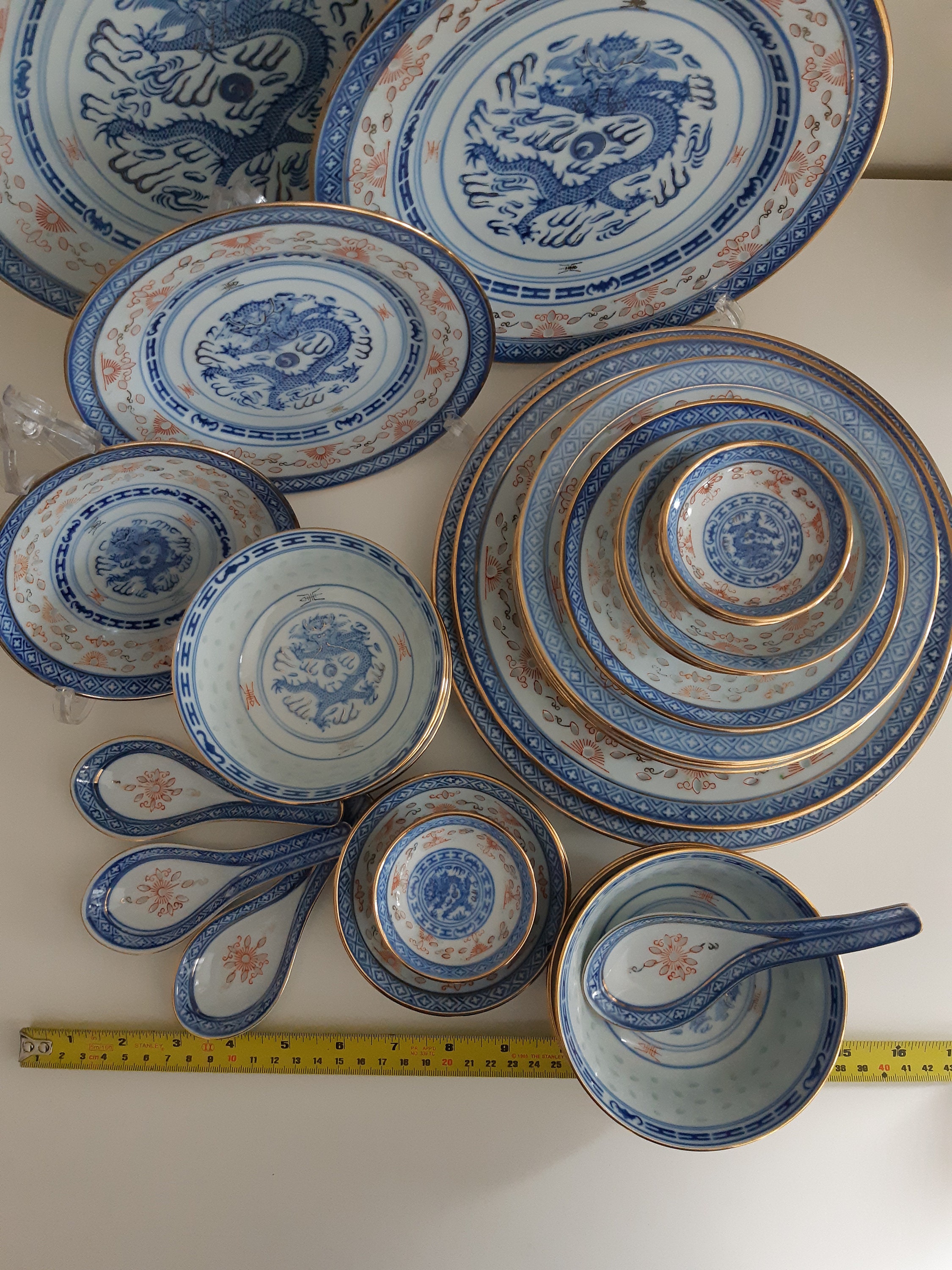Vintage Chinese Rice Grain Porcelain Blue and White Dragon - Etsy