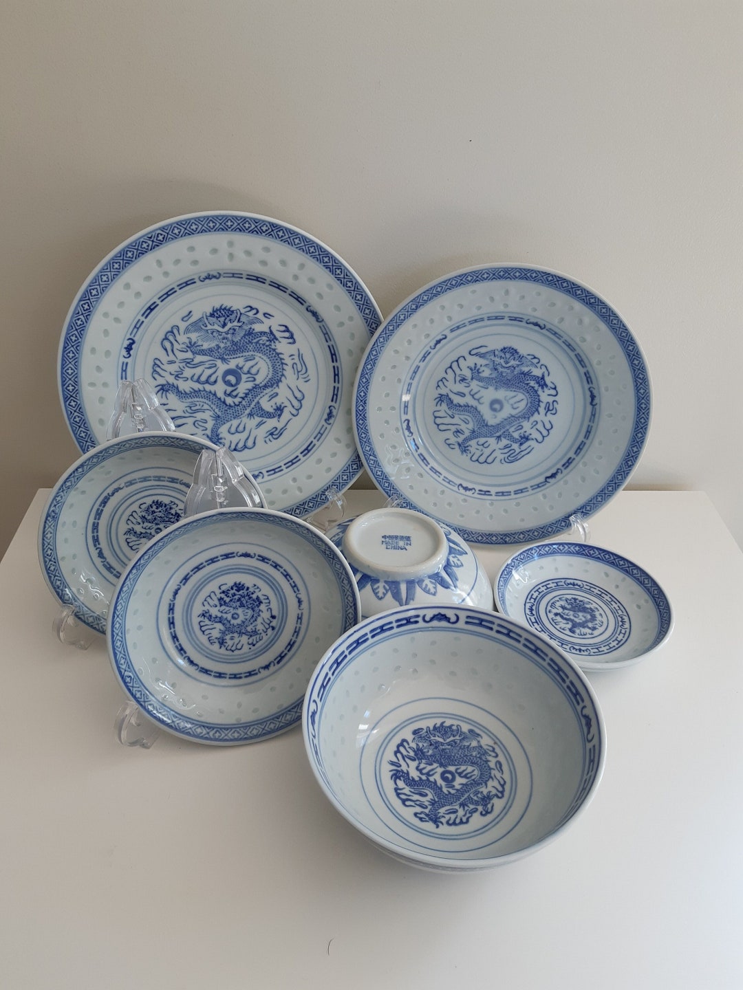 Vintage Chinese Open Carved Rice Grain Porcelain Blue and White Plates ...