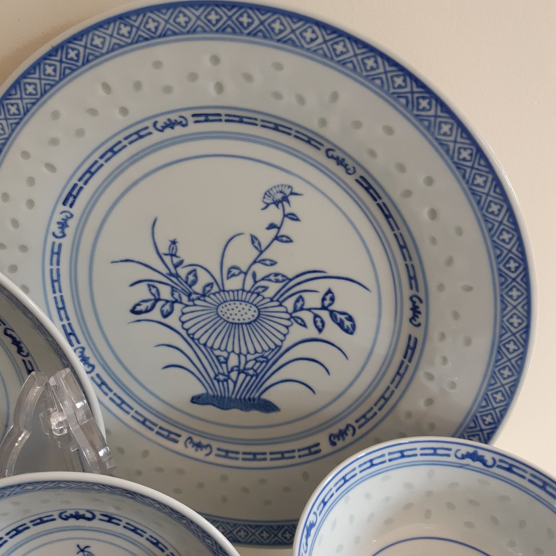 Vintage Chinese Open Carved Rice Grain Porcelain Blue and White ...