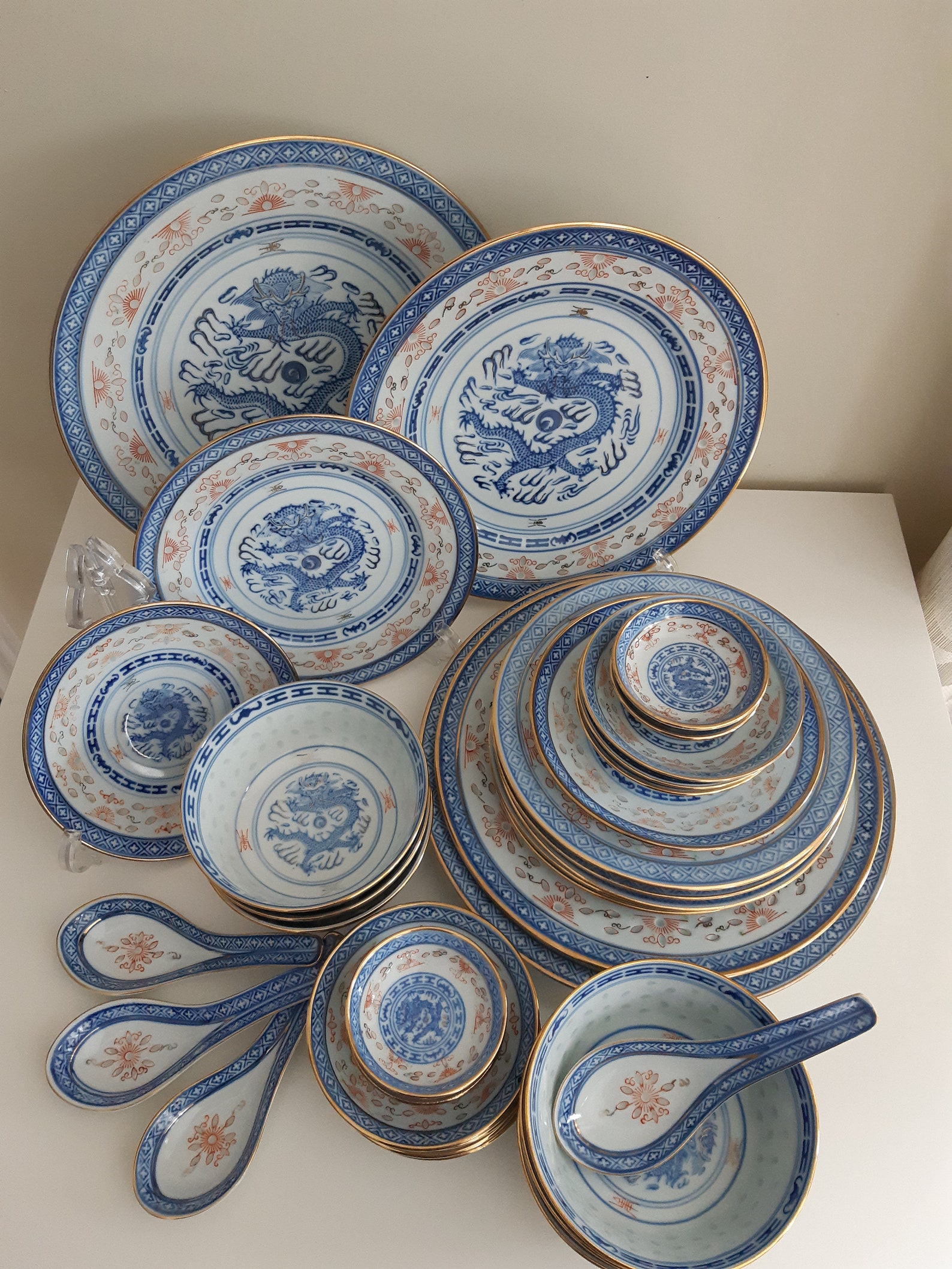 Vintage Chinese Rice Grain Porcelain Blue and White Dragon - Etsy