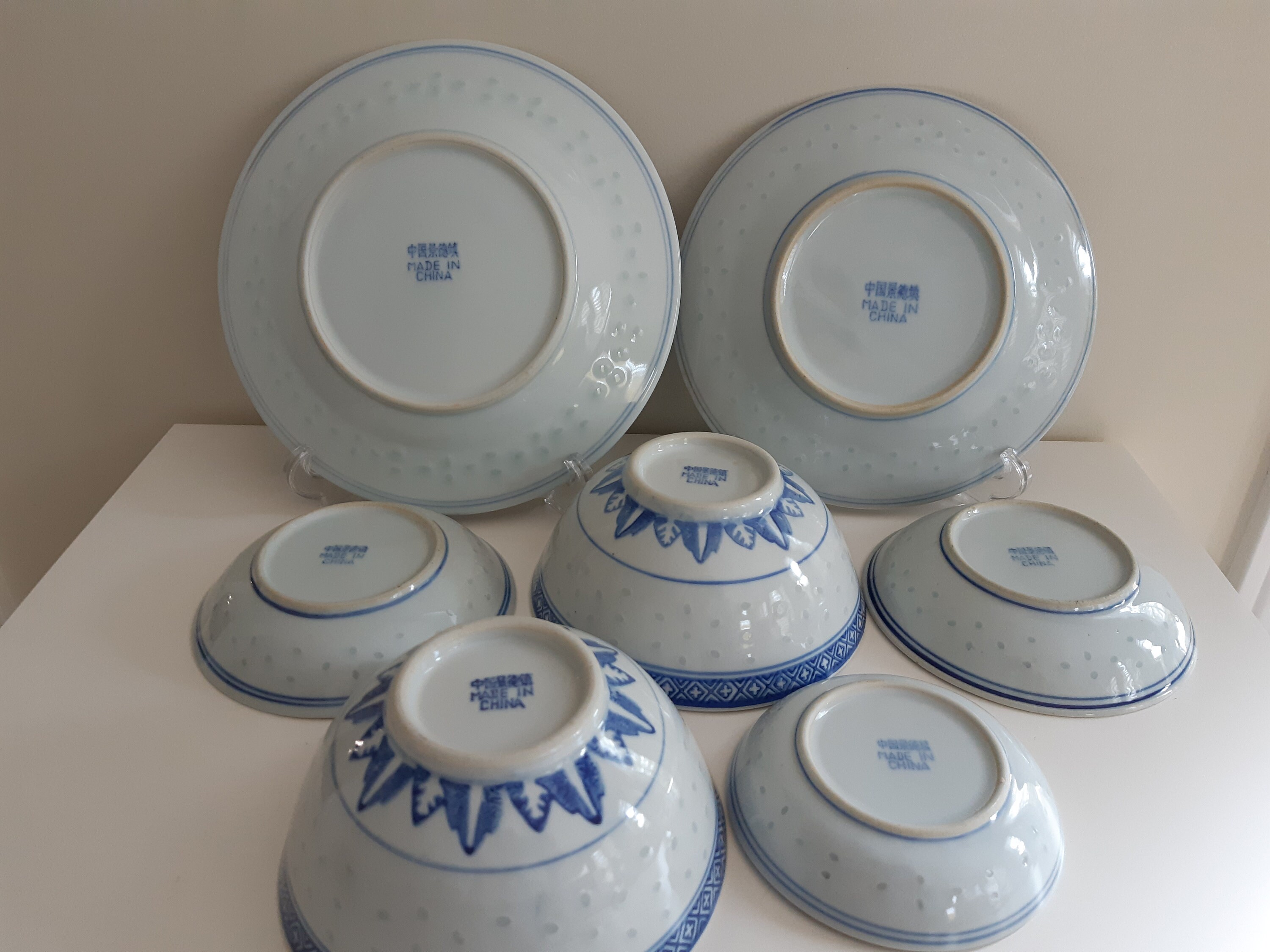 Vintage Chinese Open Carved Rice Grain Porcelain Blue and White Plates ...