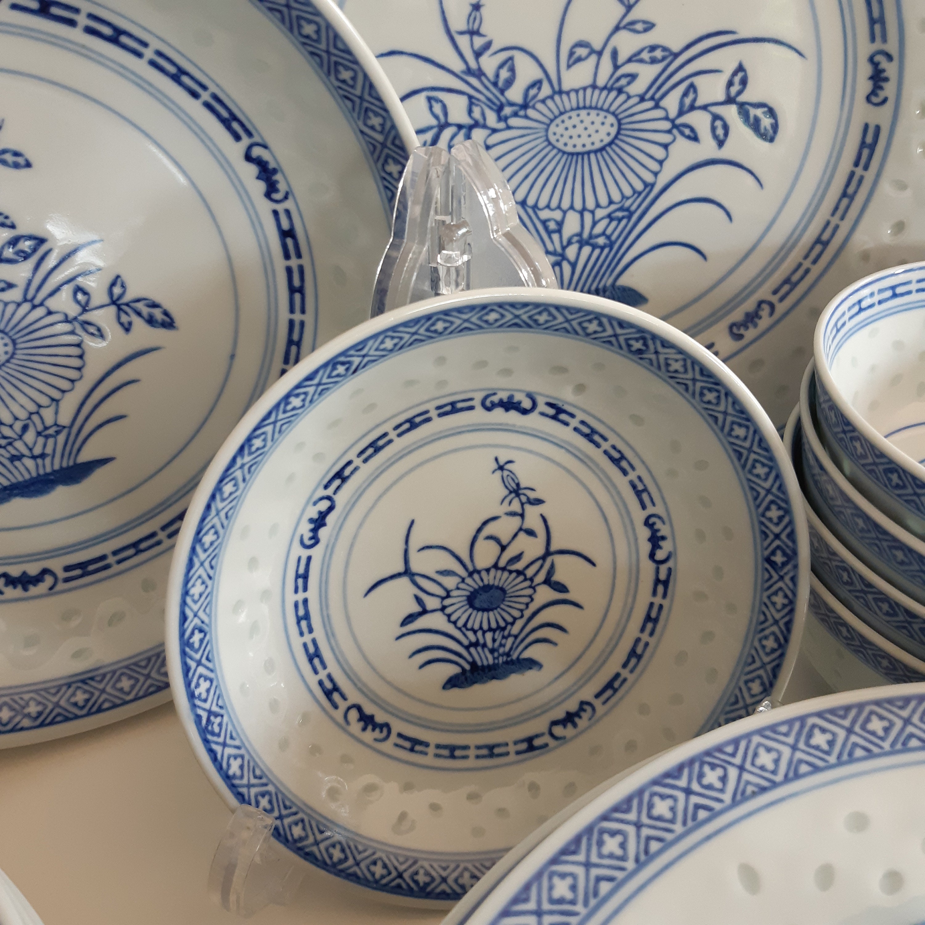 Vintage Chinese Open Carved Rice Grain Porcelain Blue and White ...