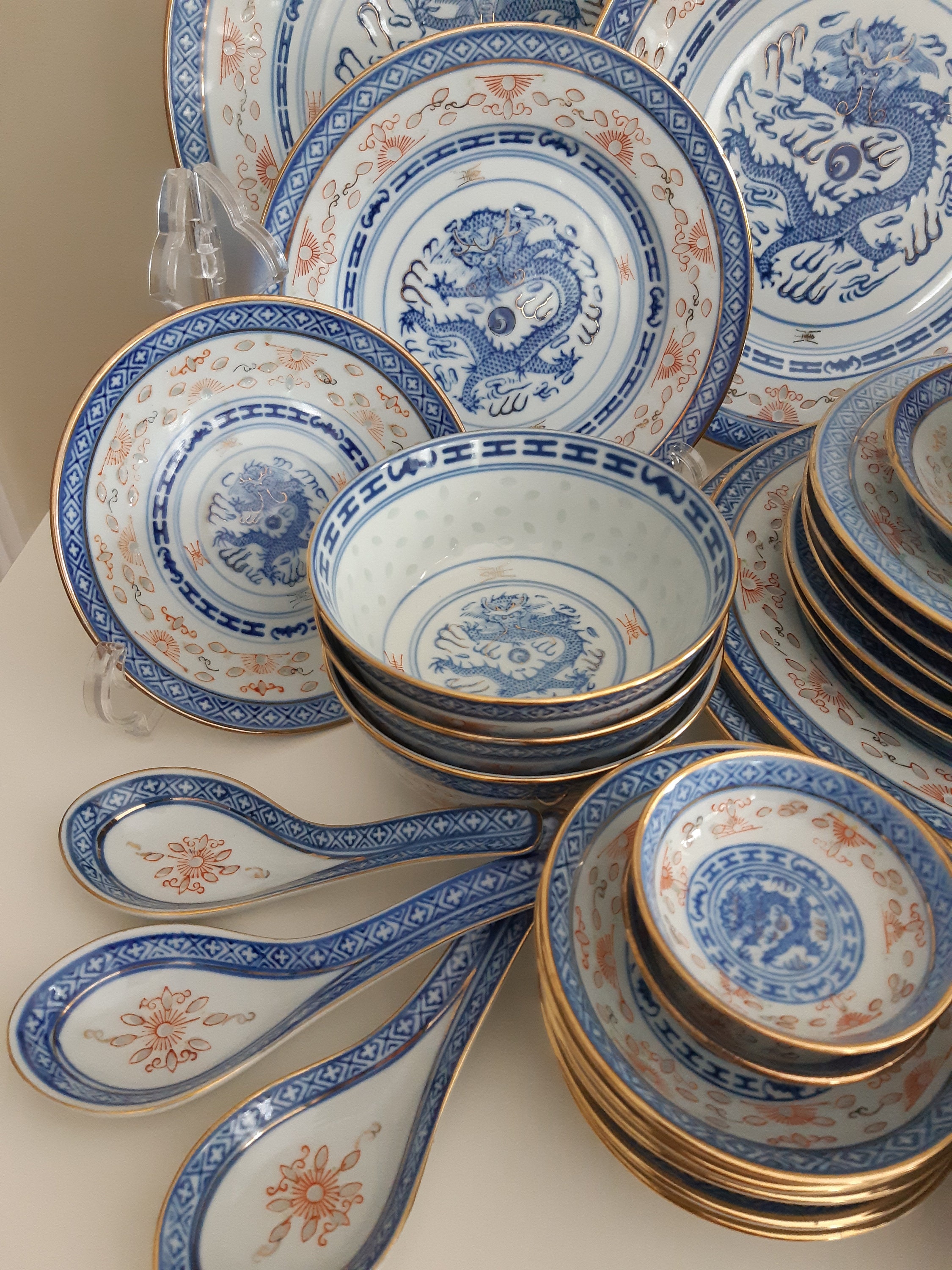 Vintage Chinese Rice Grain Porcelain Blue and White Dragon - Etsy