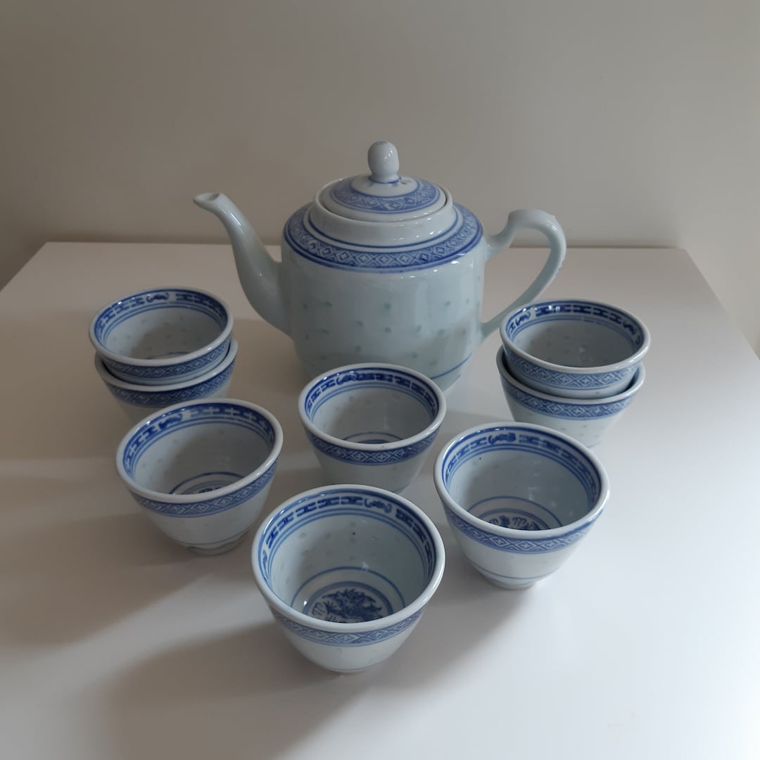 Vintage Chinese Rice Grain Porcelain Teapot and 8 Cups With Dragon ...