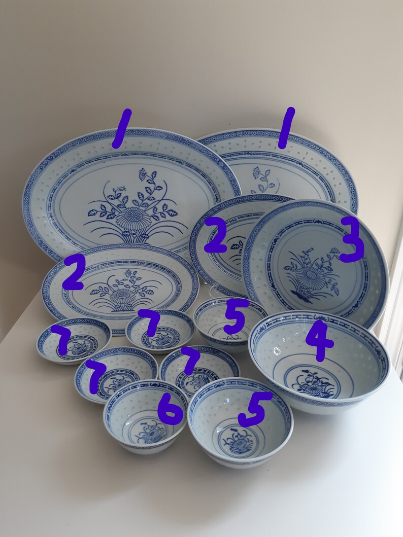 Vintage Chinese Open Carved Rice Grain Porcelain Blue and White, Floral ...