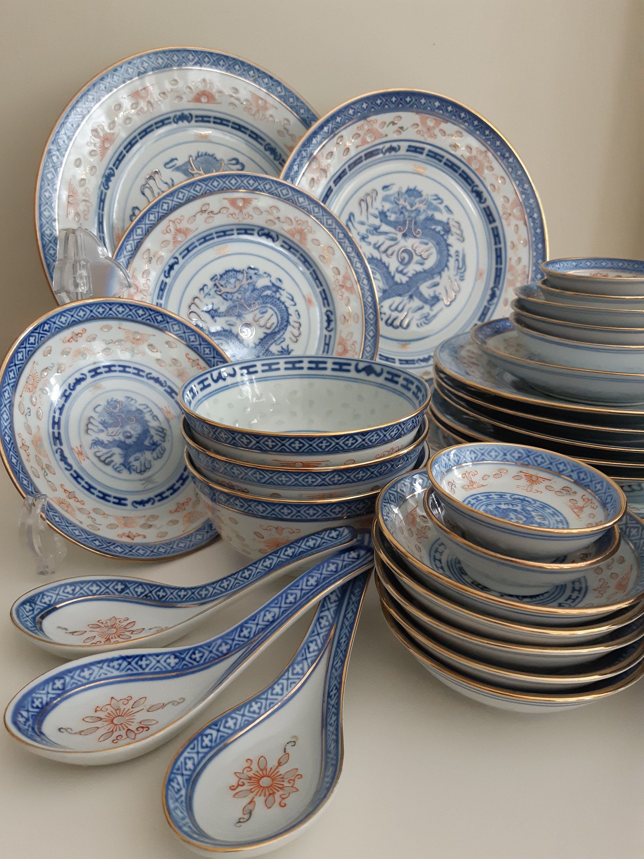 Vintage Chinese Rice Grain Porcelain Blue and White Dragon - Etsy