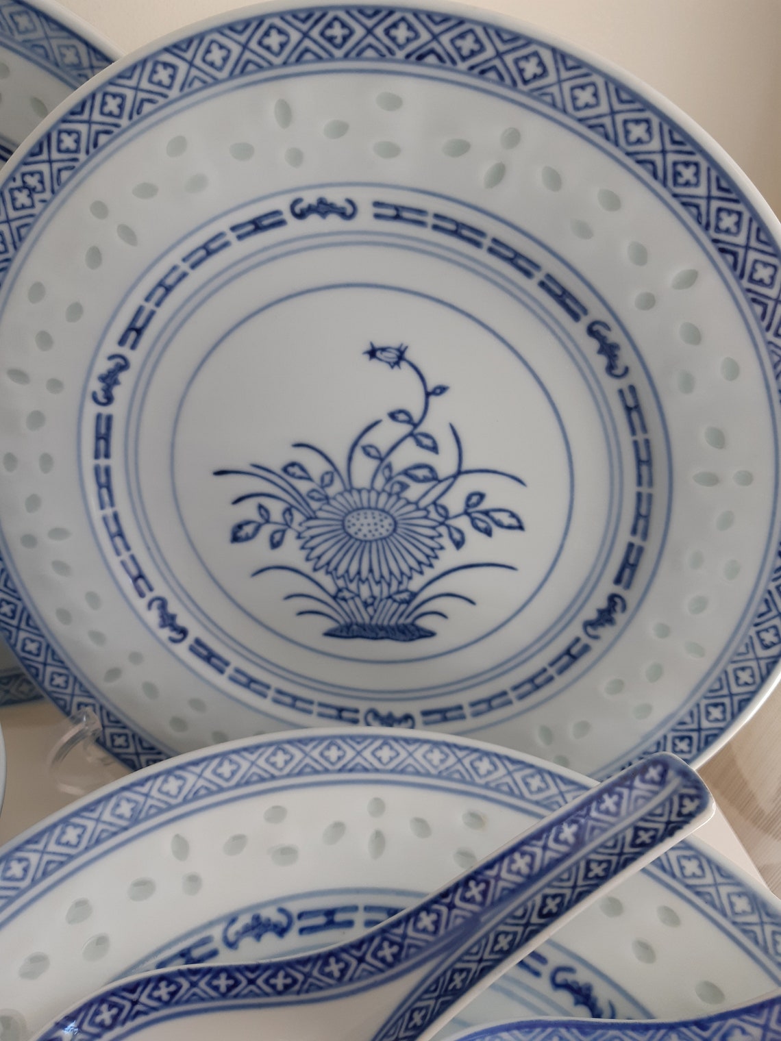 Vintage Chinese Open Carved Rice Grain Porcelain Blue and White ...