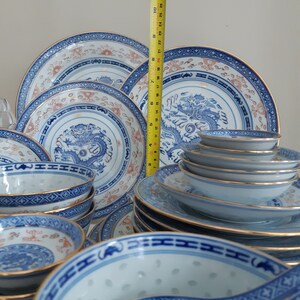 Vintage Chinese Rice Grain Porcelain, Blue and White, Dragon Motif ...