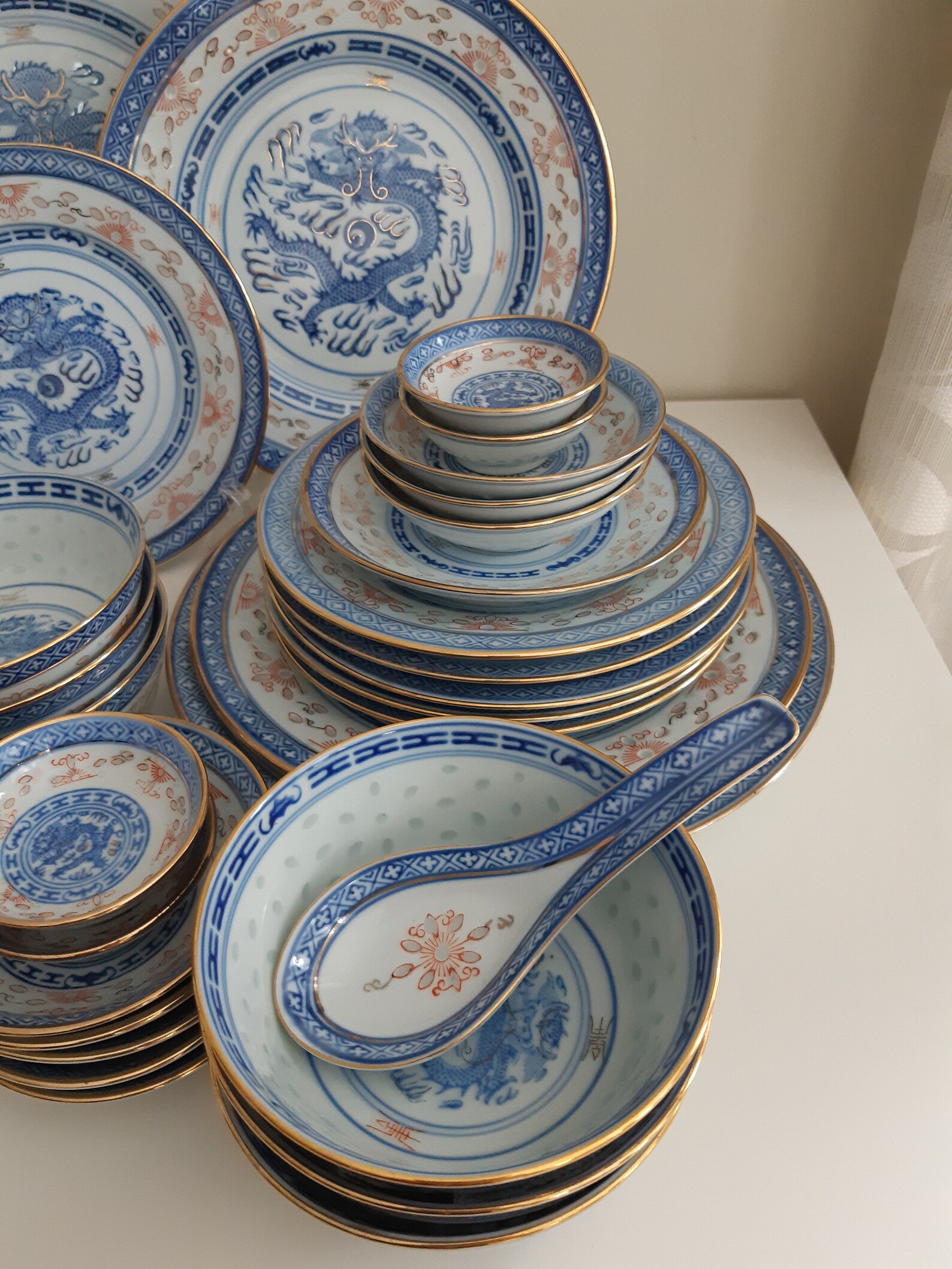Vintage Chinese Rice Grain Porcelain Blue and White Dragon - Etsy