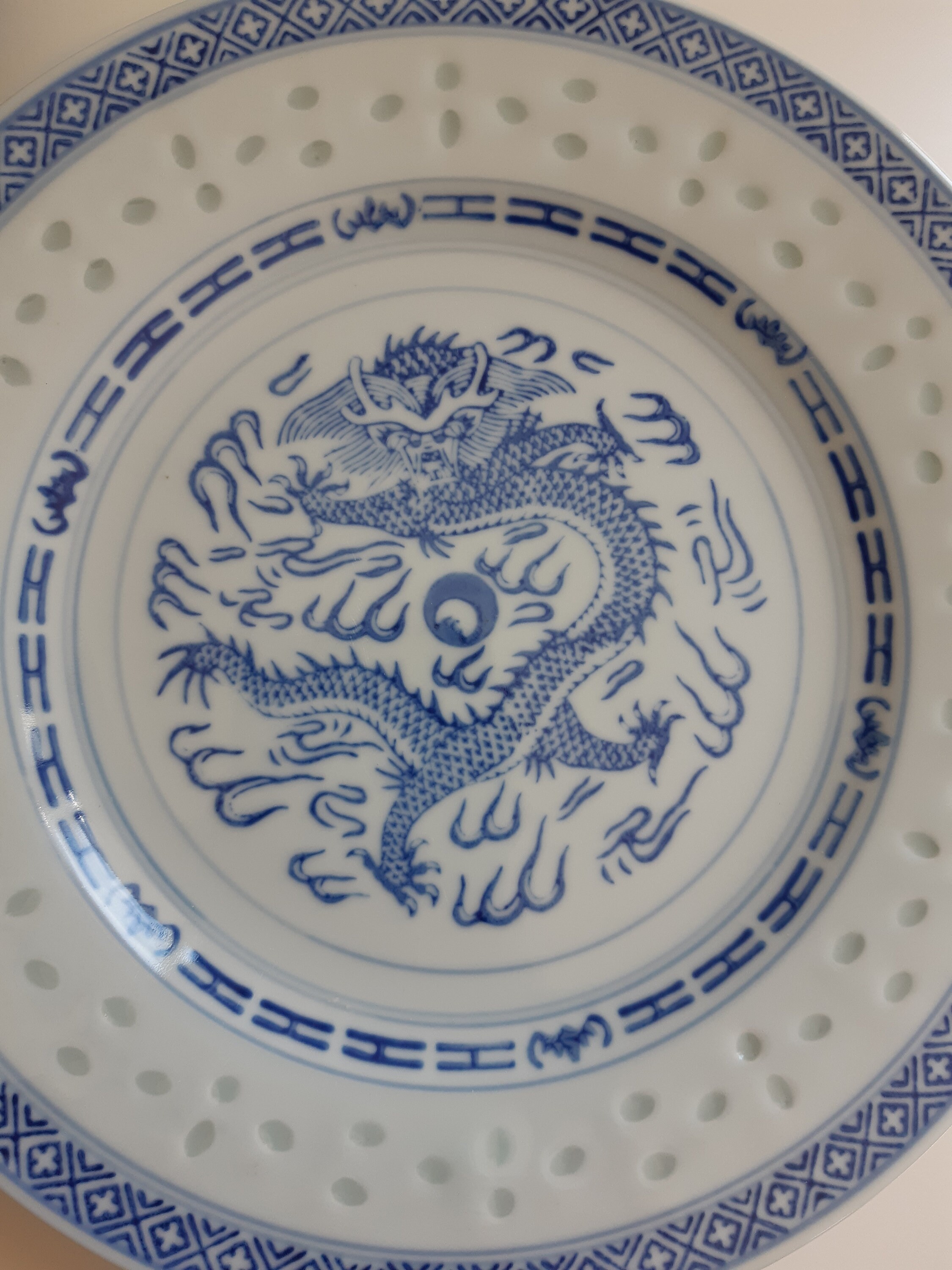 Vintage Chinese Open Carved Rice Grain Porcelain Blue and White Plates ...