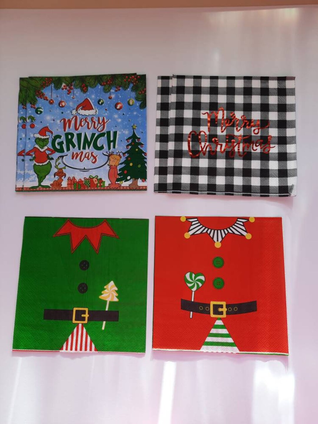 Set of 6 Napkins for Decoupage | Grinch, Elf, & Buffalo Check Christmas ...