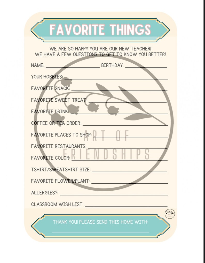 Teacher Favorite Thing Questionnaire- Back to School - Etsy