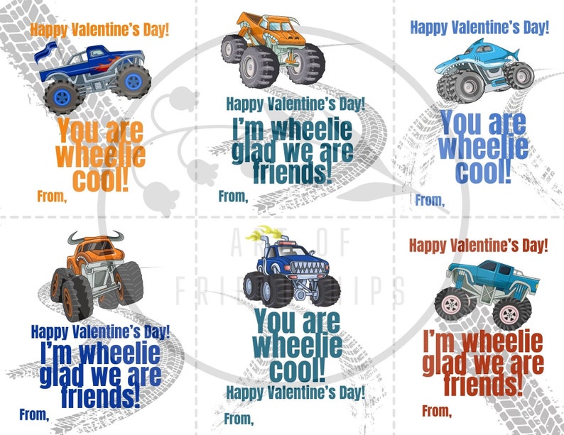 Printable Valentine's Cards- Wheelie Cool, Monster Truck Theme - Etsy