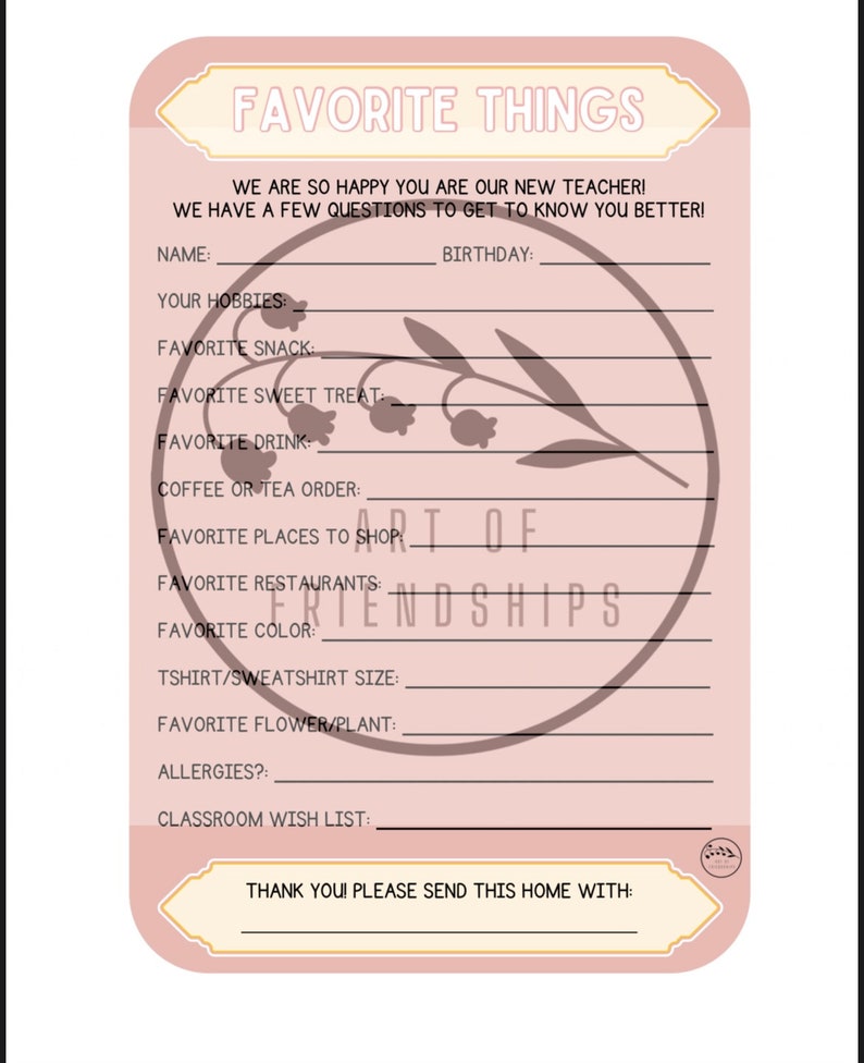 Teacher Favorite Thing Questionnaire- Back to School - Etsy