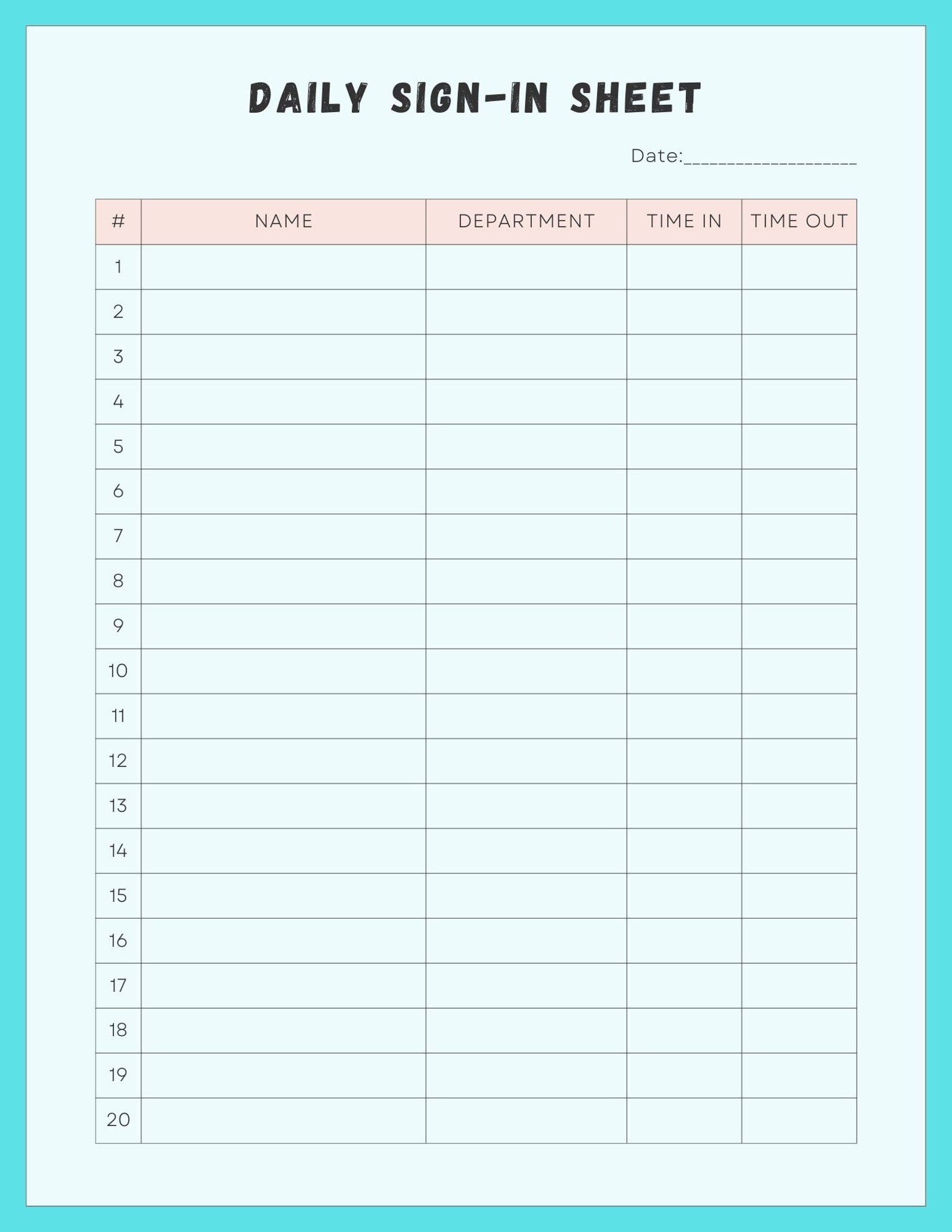 Daily Sign in Sheet Template Printable Instant Download for - Etsy