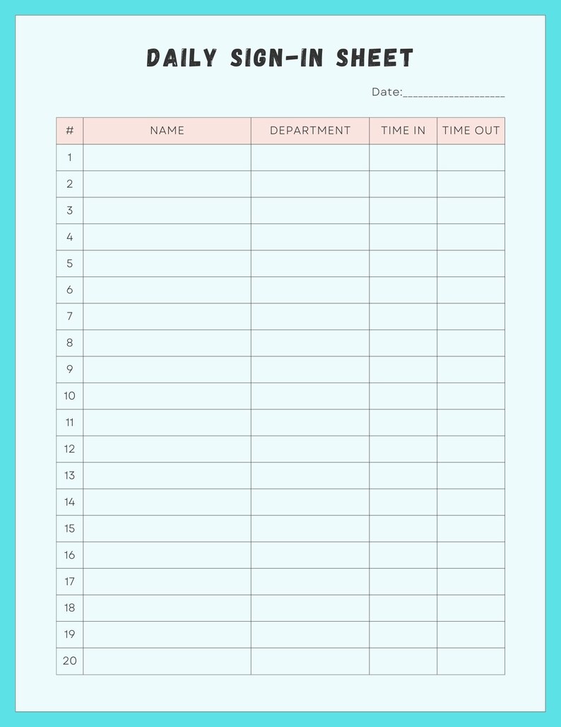 Daily Sign in Sheet Template Printable Instant Download for - Etsy