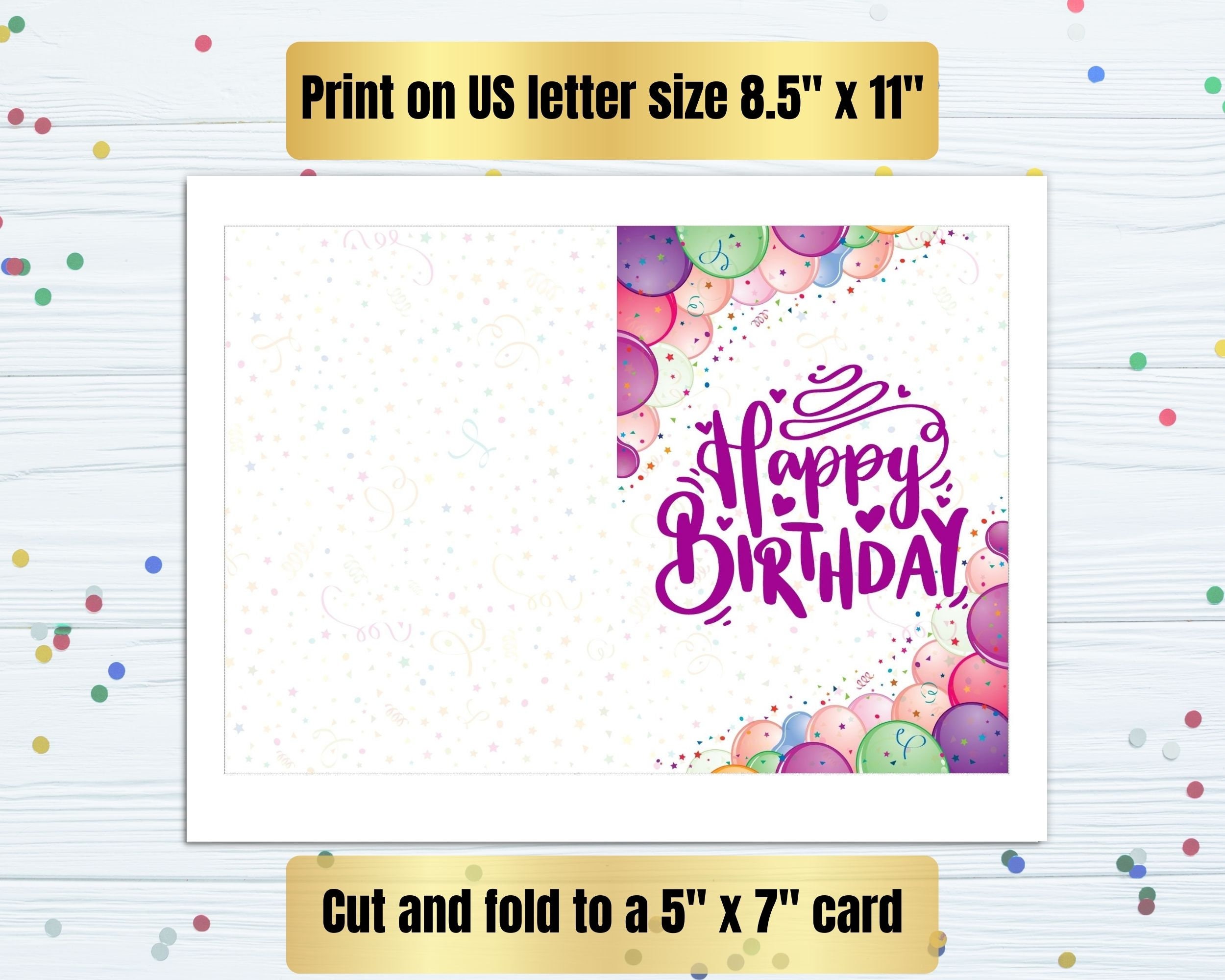 Printable Happy Birthday Balloons and Confetti Greeting Card, Digital ...
