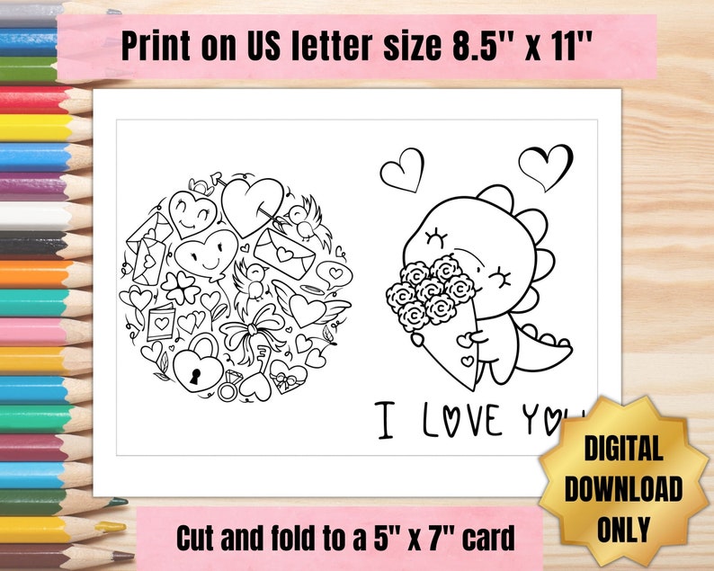 Printable I Love You Dino Coloring Greeting Card - Etsy