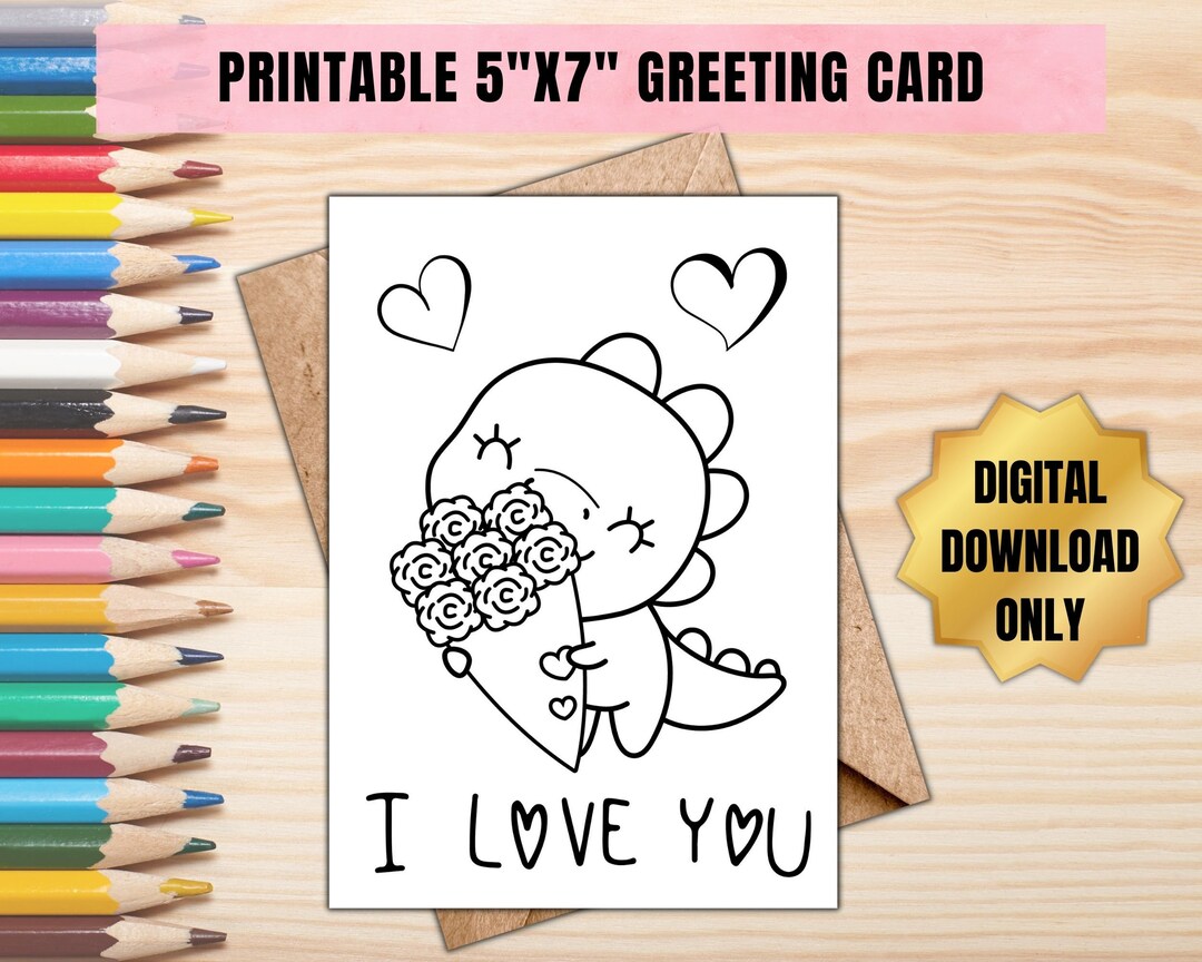 Printable I Love You Dino Coloring Greeting Card - Etsy
