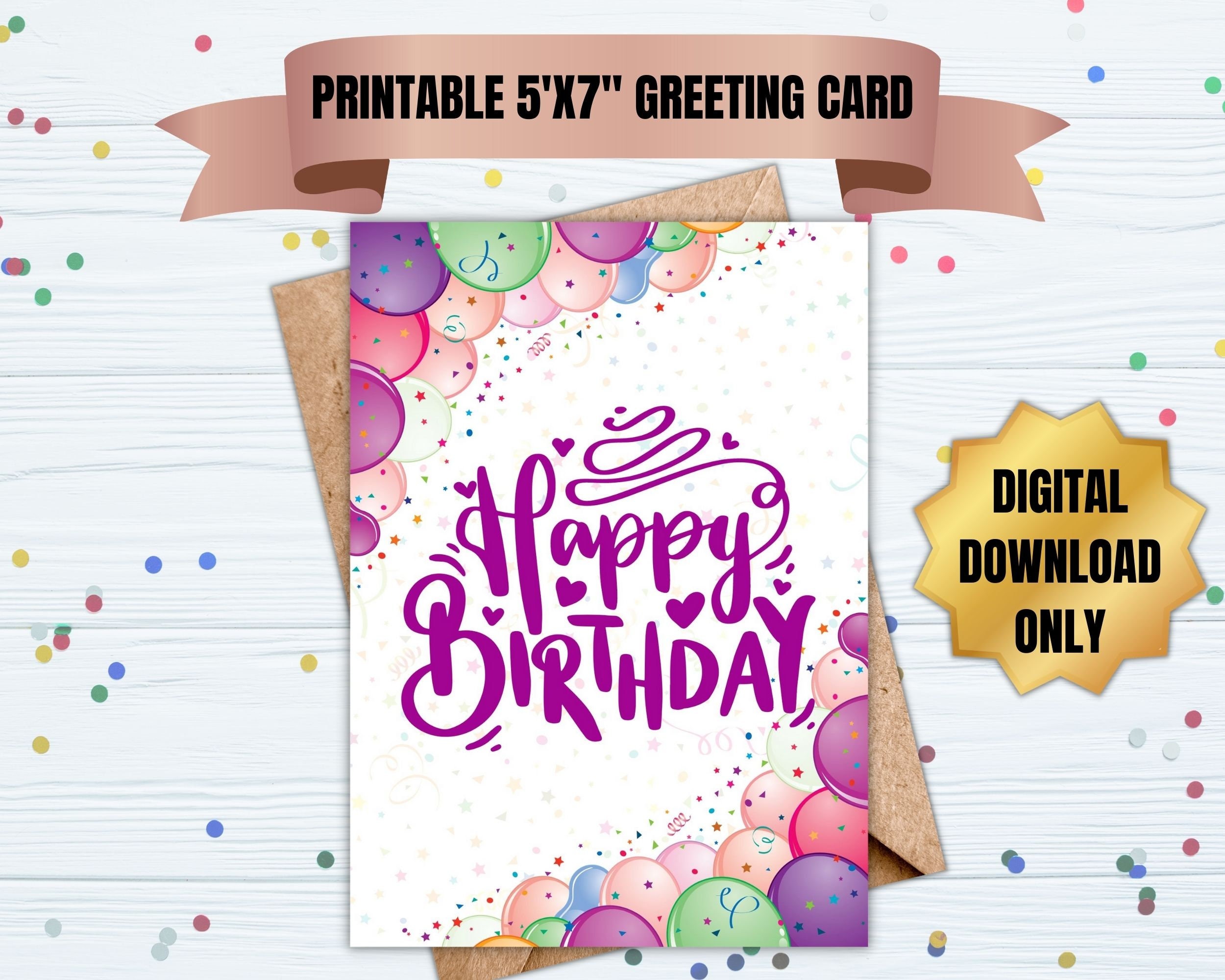 Printable Happy Birthday Balloons and Confetti Greeting Card, Digital ...
