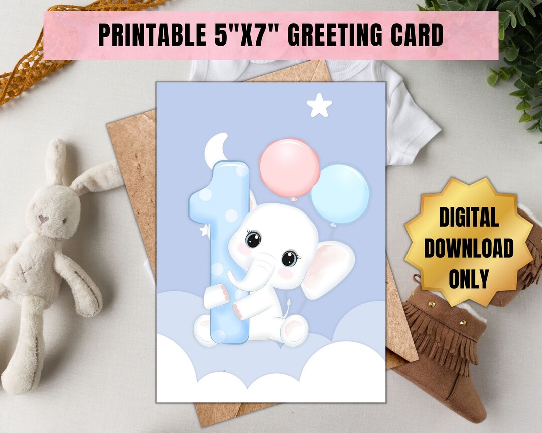 Printable Happy 1st Birthday Baby Elephant Greeting Card - Etsy