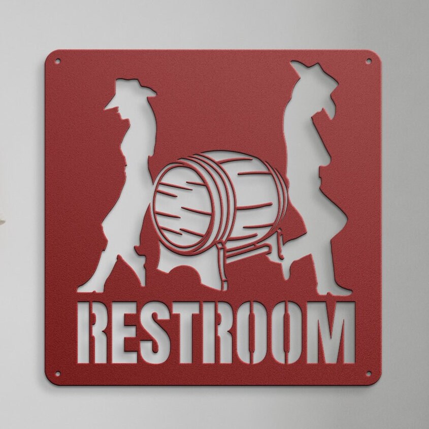 Metal Restroom Sign With Cowboy, Cowgirl, and Barrel. Men and Women's ...
