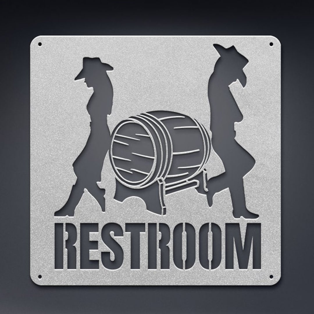 Metal Restroom Sign With Cowboy, Cowgirl, and Barrel. Men and Women's ...