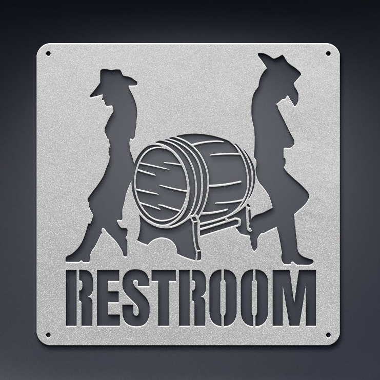 Metal Restroom Sign With Cowboy, Cowgirl, and Barrel. Men and Women's ...