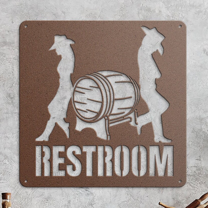 Metal Restroom Sign With Cowboy, Cowgirl, and Barrel. Men and Women's ...