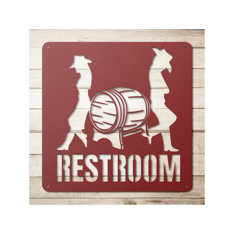 Metal Restroom Sign With Cowboy, Cowgirl, and Barrel. Men and Women's ...