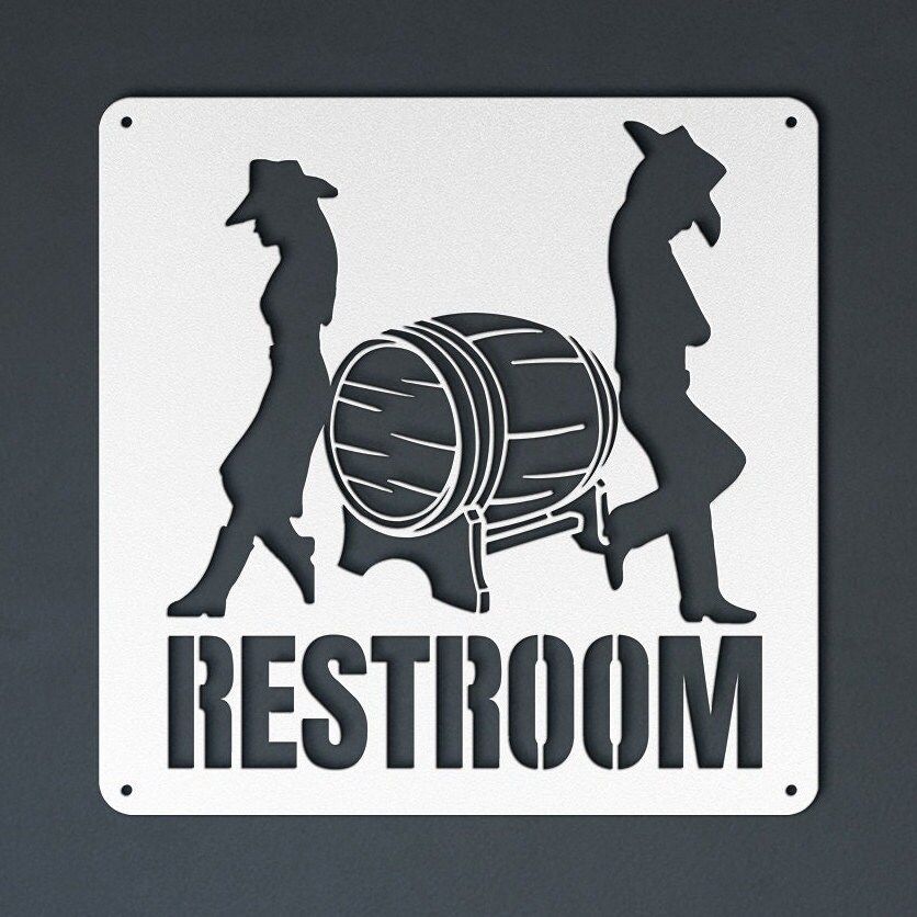 Metal Restroom Sign With Cowboy, Cowgirl, and Barrel. Men and Women's ...