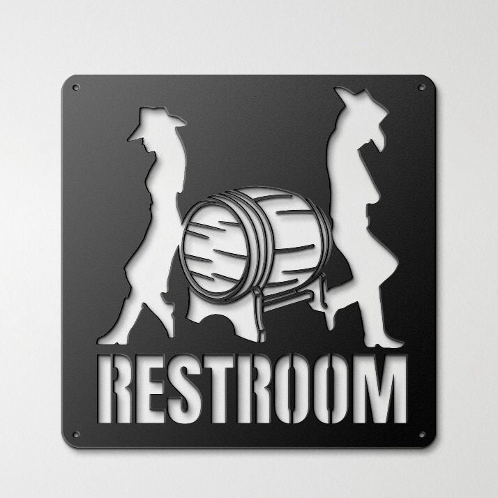 Metal Restroom Sign With Cowboy, Cowgirl, and Barrel. Men and Women's ...
