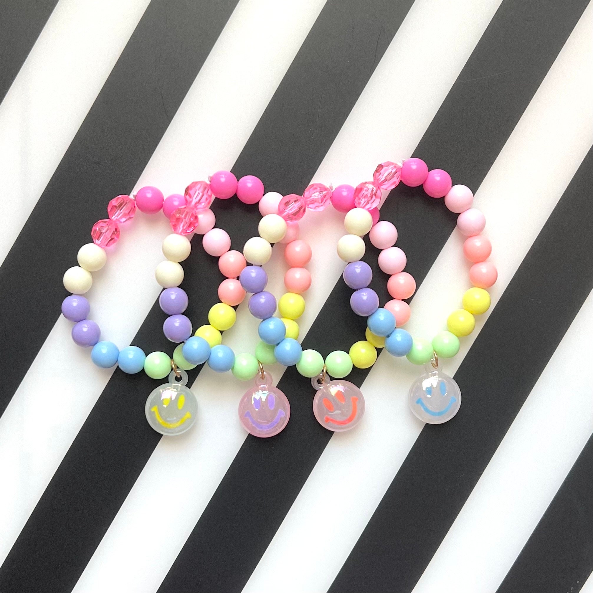 Pastel Smile Face Charm Stretch Bracelet, Child Bracelet, Beaded ...