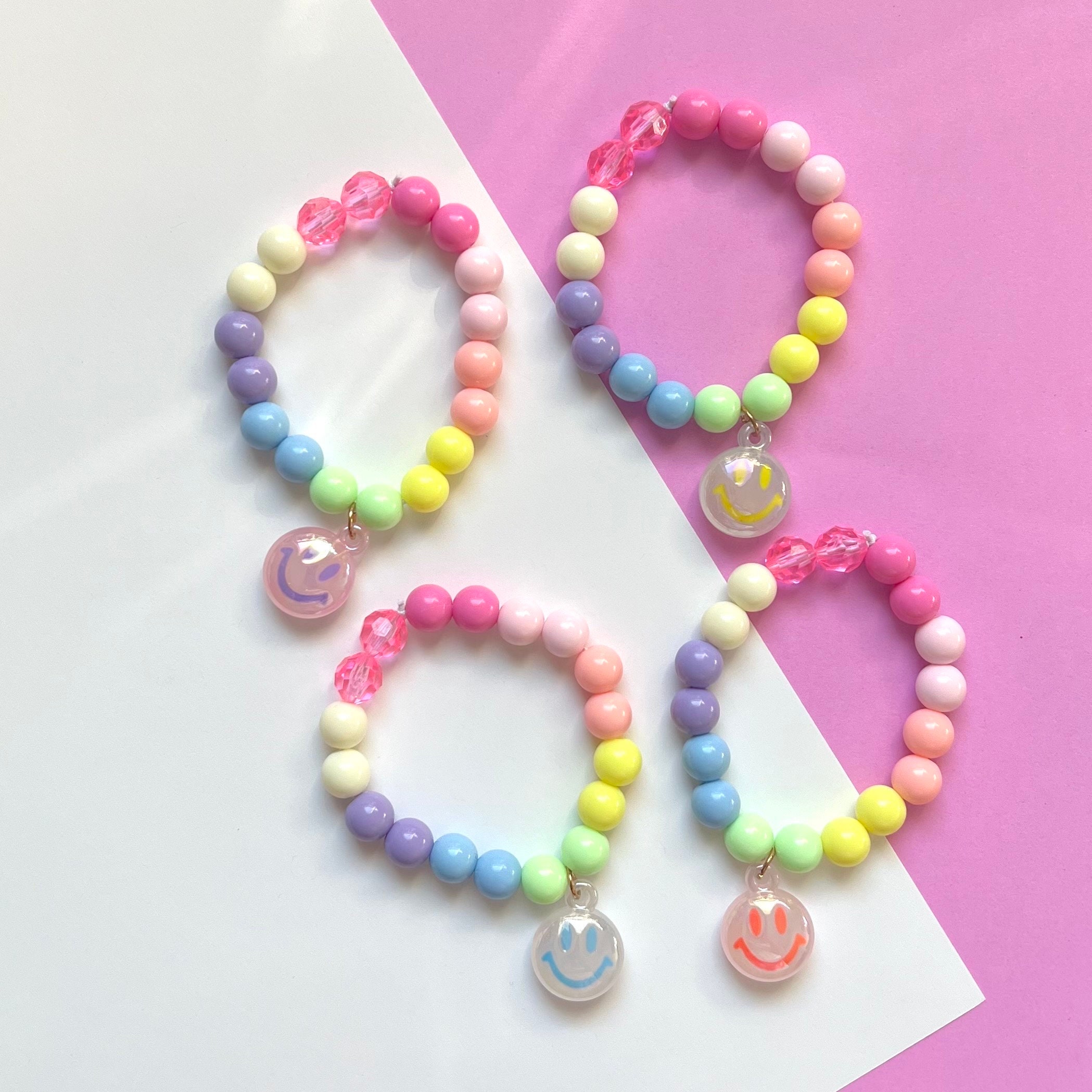 Pastel Smile Face Charm Stretch Bracelet, Child Bracelet, Beaded ...