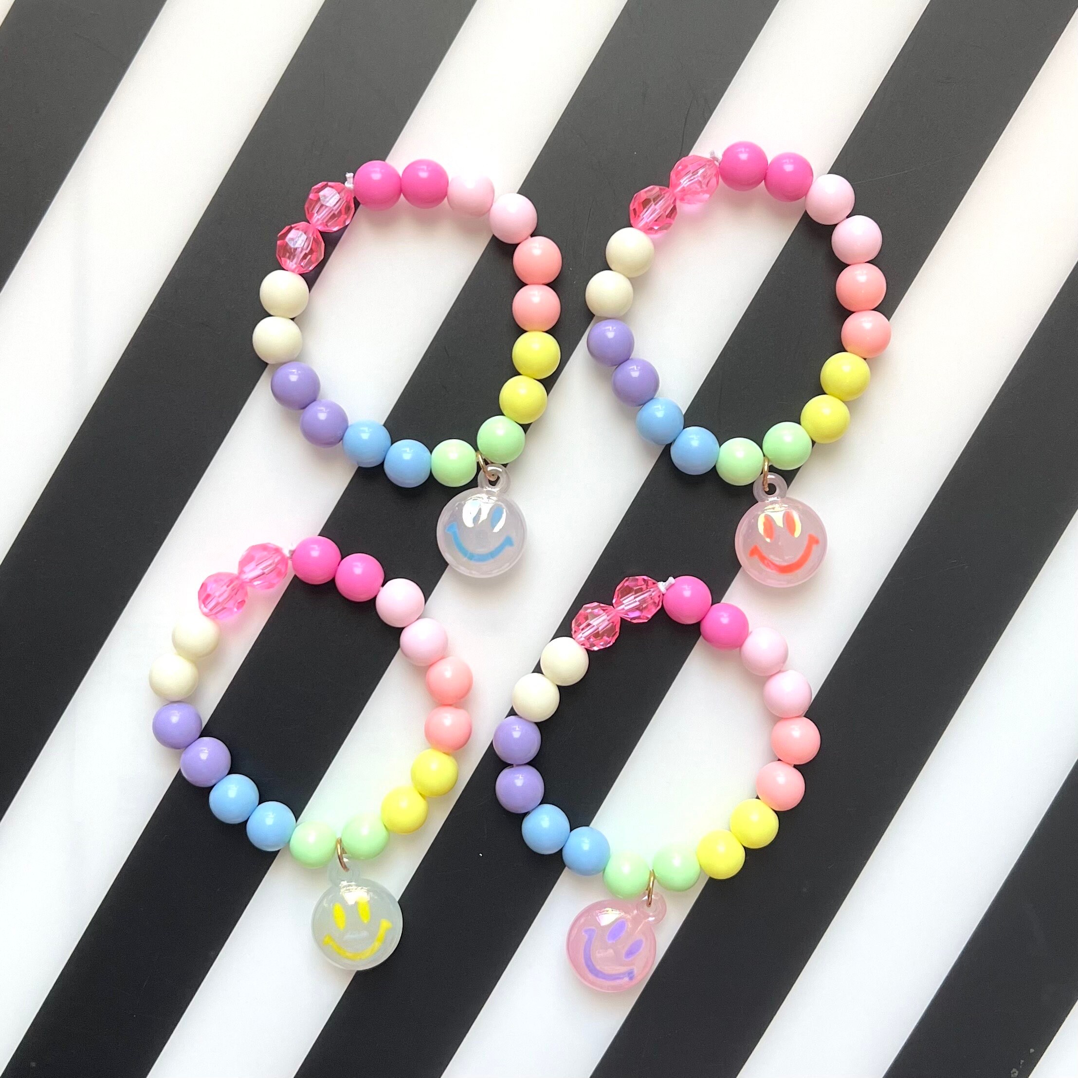 Pastel Smile Face Charm Stretch Bracelet, Child Bracelet, Beaded ...