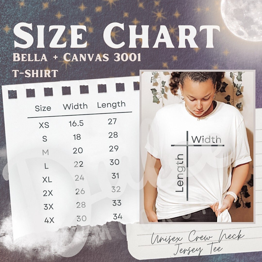 Bella Canvas 3001 Size Chart, T-shirt Size Chart, Crew Neck Size Chart ...