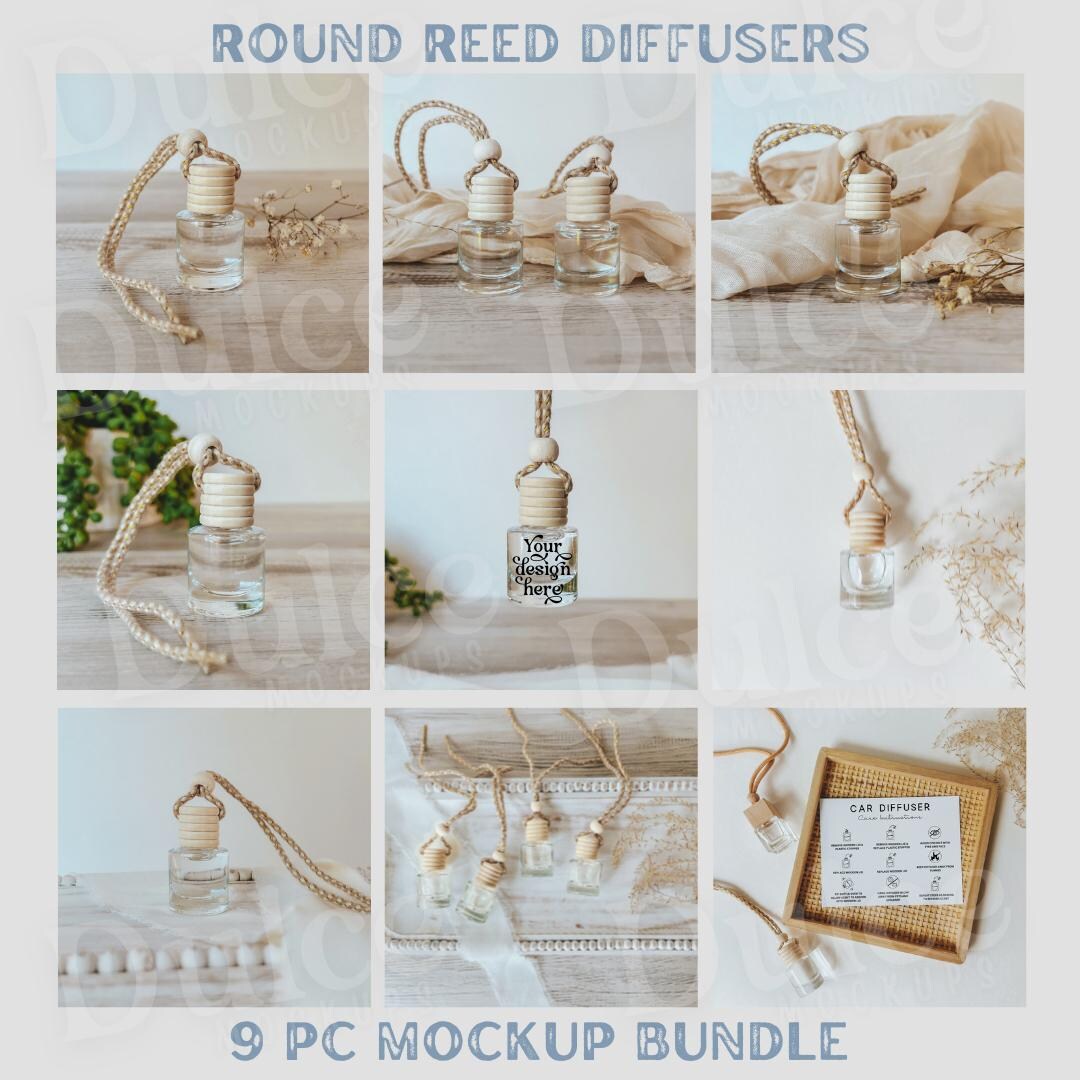 9 Round Car Diffuser Mockup BUNDLE Reed Diffuser Mockup Label Template ...