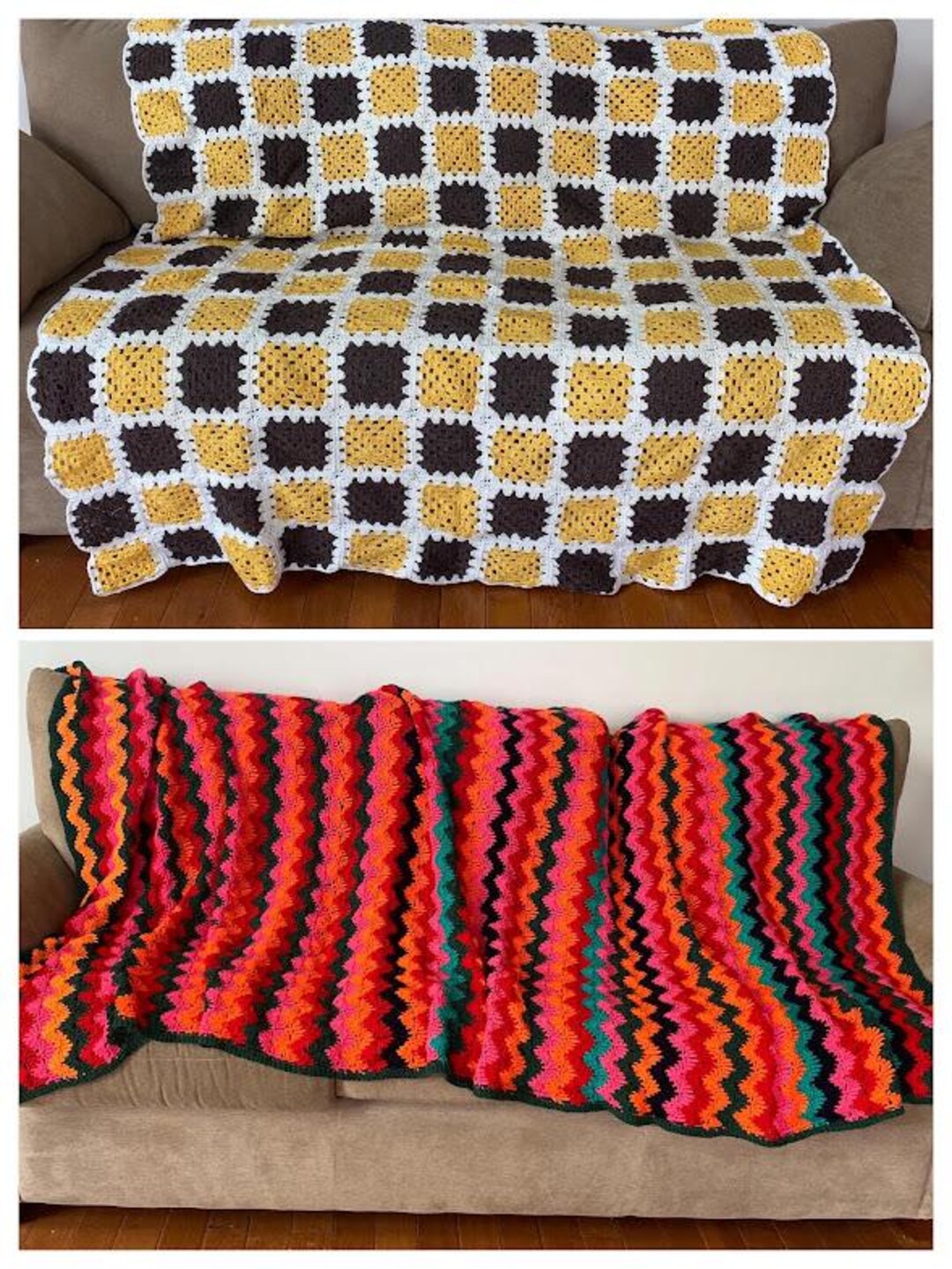 Vintage Crocheted Afghans - Granny Square and Long Chevron - Etsy