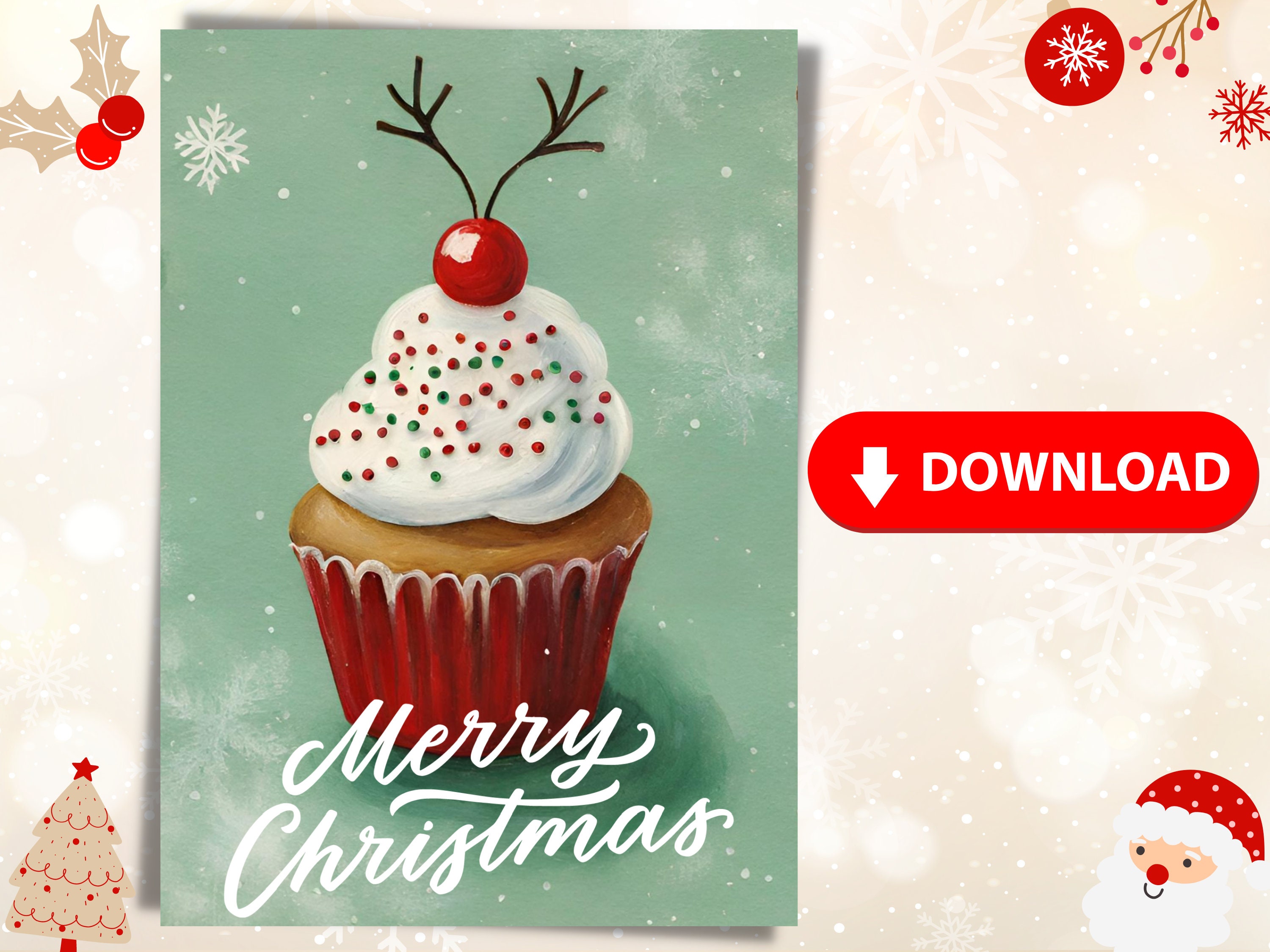 Classic Christmas Cupcake Printable Instant Download Holiday Christmas ...