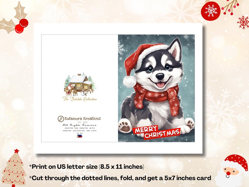 Husky Puppy Dog Printable Instant Download Holiday Christmas Greeting ...