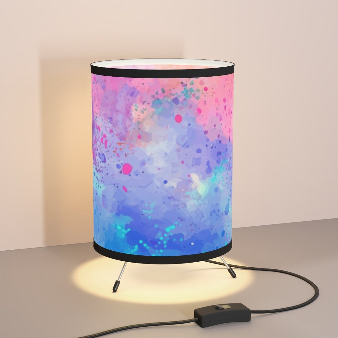 Pink-purple-blue Paint Splatter Tripod Lamp With High-res Printed Shade ...