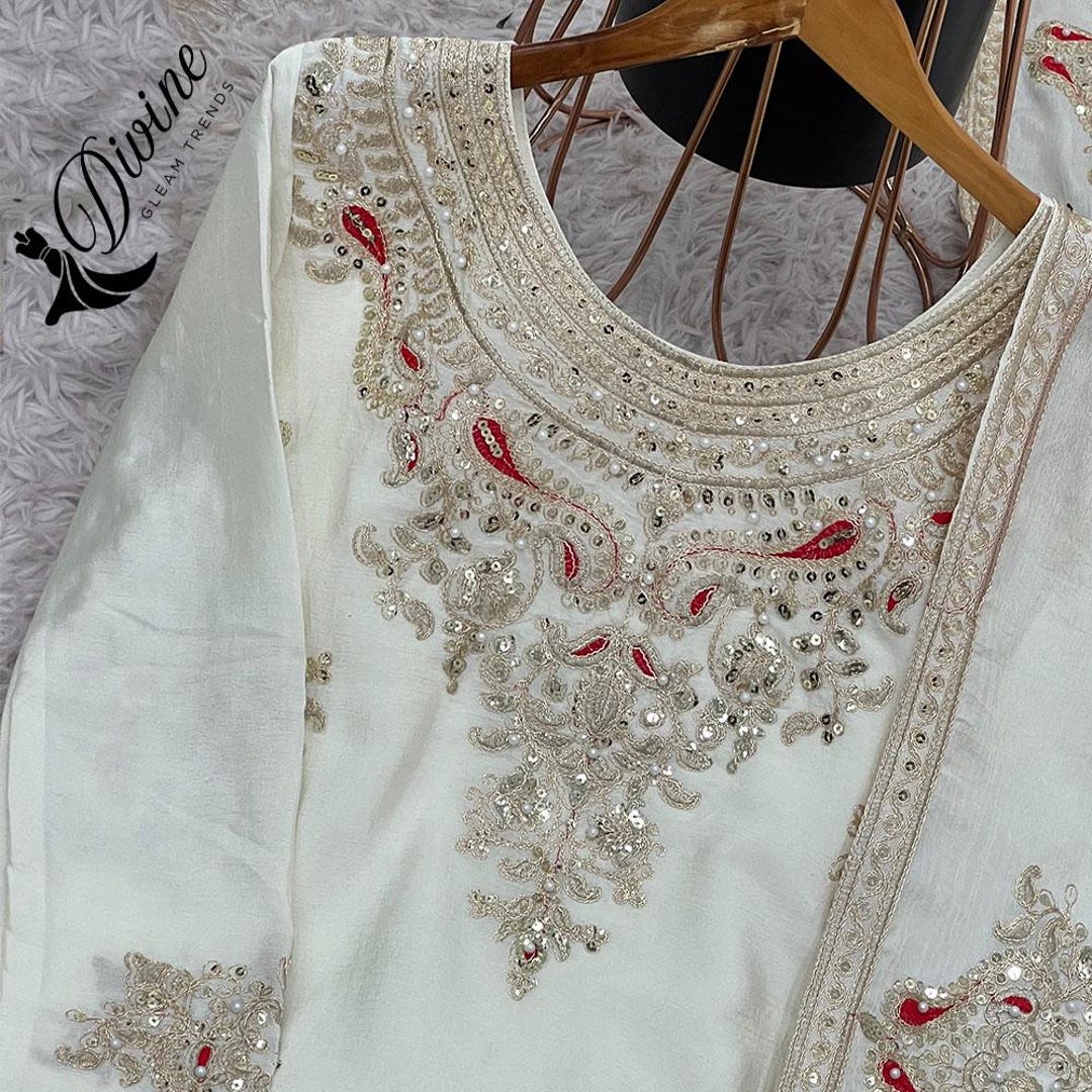 Off White Embroidered Dress Pakistani 3 Piece Suit Long Sleeve Salwar ...