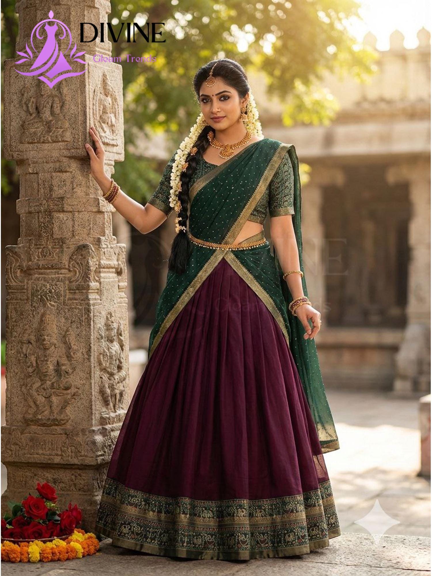 Green Cotton Half Saree Lehenga Indian Wedding Outfit Langa Voni Dress ...