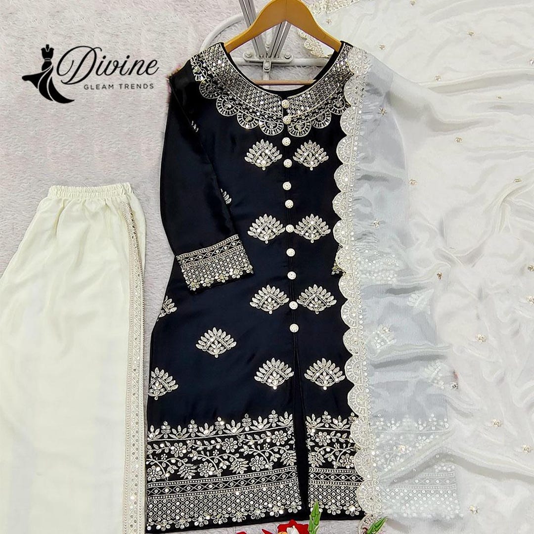 Black Embroidered Pakistani Suit: Cinon Silk Dupatta, Kurti Palazzo Set ...