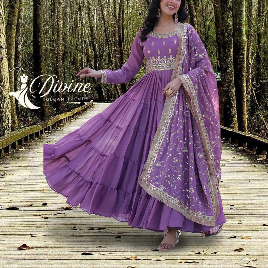 Lavender Anarkali Gown: Embroidered Georgette Indian Dress With Dupatta ...