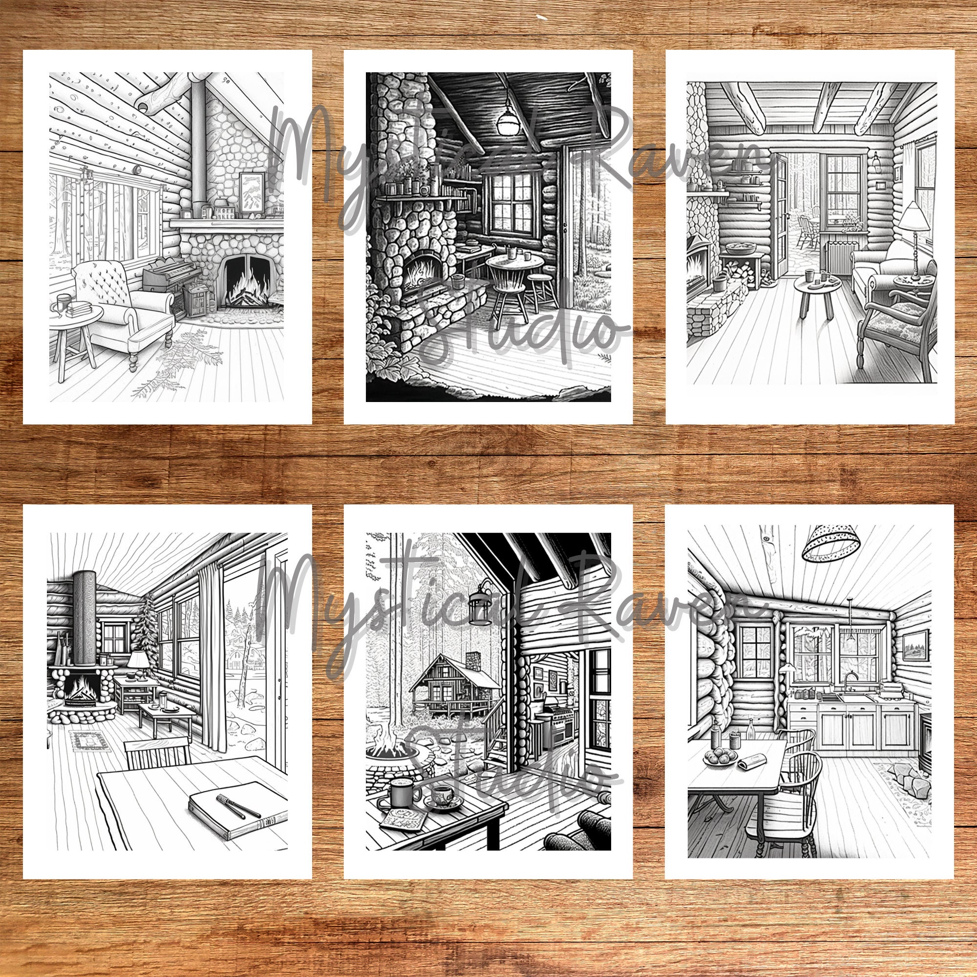50 Cozy Cabin Interior Coloring Pages, Adults Kids, Download Greyscale ...