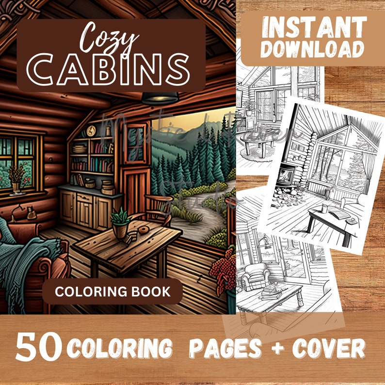 50 Cozy Cabin Interior Coloring Pages, Adults Kids, Download Greyscale ...