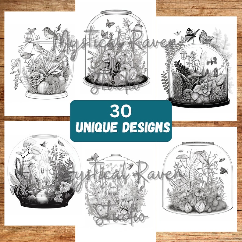 30 Terrarium Coloring Pages, Adults + Kids- Download - Grayscale ...
